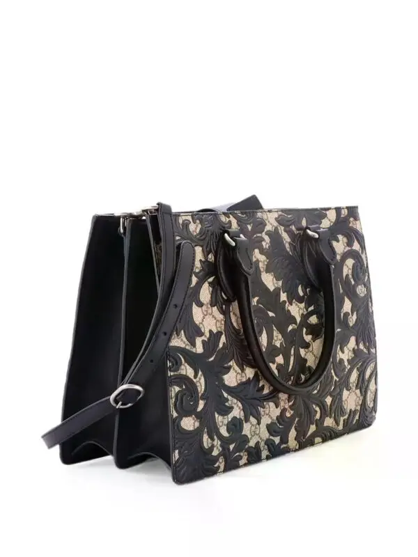 Gucci Convertible Gusset Arabesque Gg Coated Canvas With Leather Medium Tote Bag