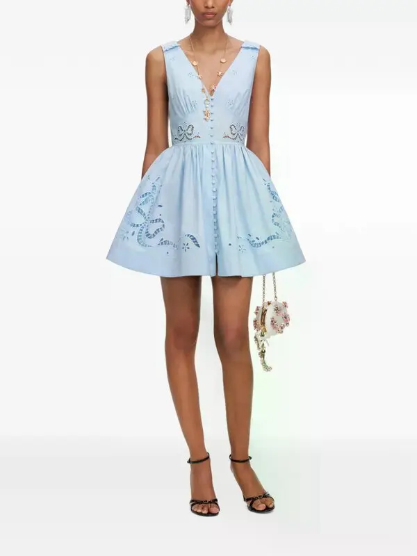 SELF-PORTRAIT Broderie Anglaise V-neck Mini Dress - Blue