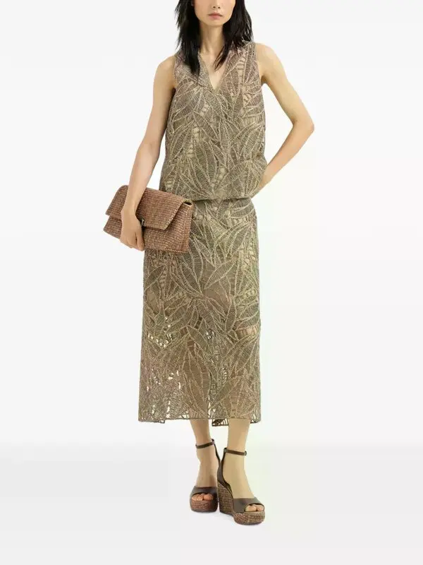 Brunello Cucinelli Dazzling Cacao Leaves Embroidery Top - Gold