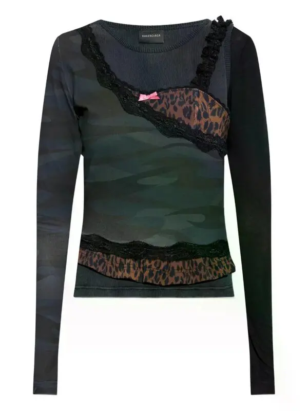 Balenciaga Panelled Camouflage Lace Trim Top - Grey