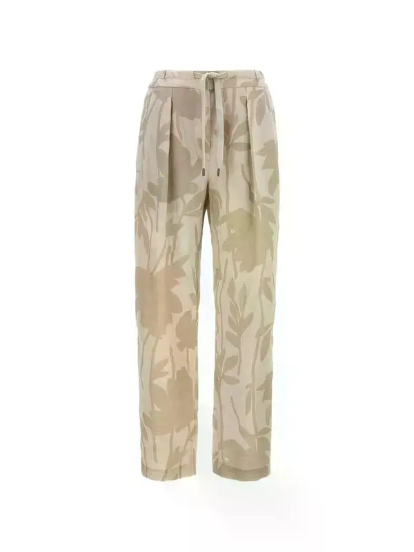 Brunello Cucinelli Linen Floral Print Drawstring Trousers - Neutrals