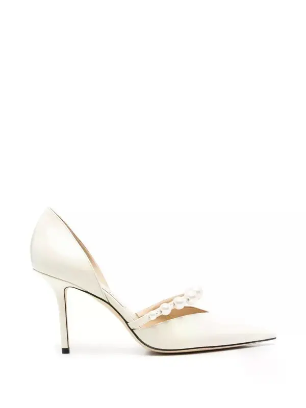 JIMMY CHOO Aurelie Patent Leather Pumps With Pearl And Crystal Embellishments - Neutrals