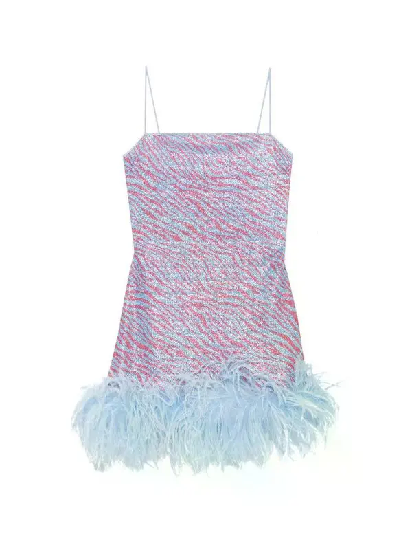 Oseree Animal-print Feather-trim Mini Dress - Blue