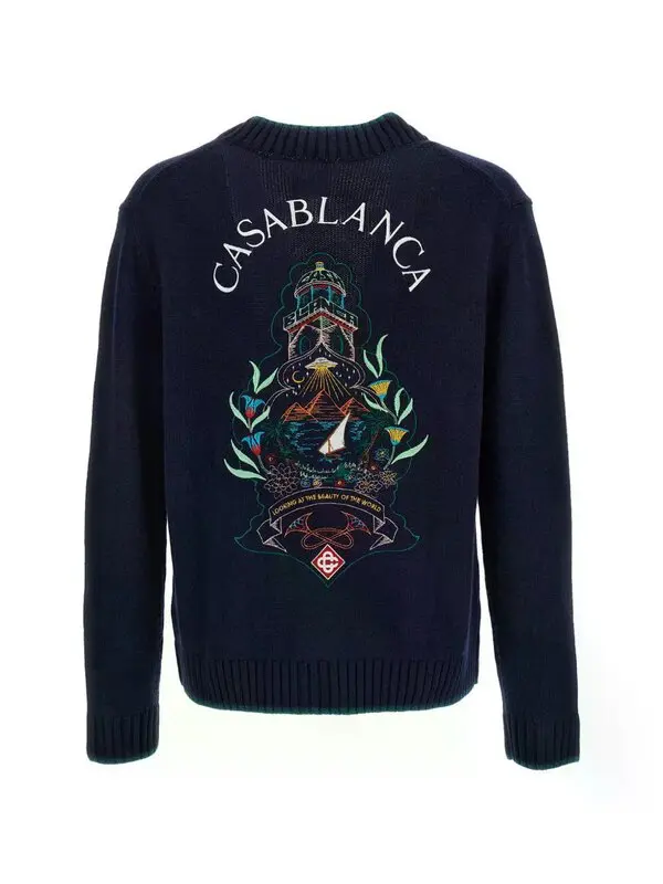 Casablanca Hotel Emblem Intarsia Knit Cardigan - Blue