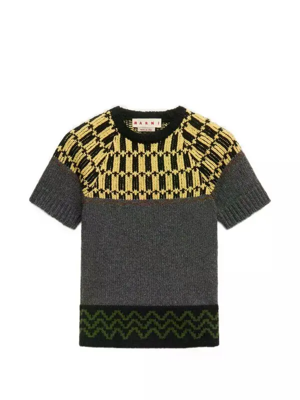 Marni Intarsia Knit Short Sleeve Sweater - Grey