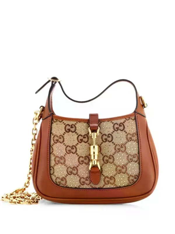 Gucci Jackie 1961 Chain Crystal Embellished Gg Canvas Mini Hobo Bag - Brown