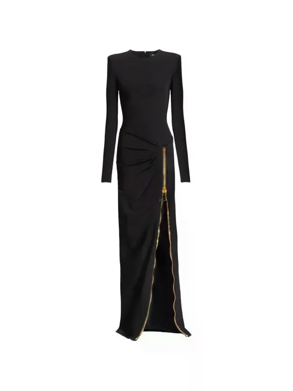 Balmain Long Slit Dress With Gold Metal Zip - Black