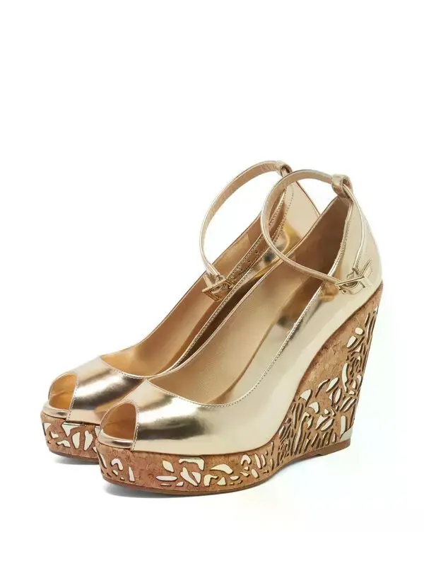 JIMMY CHOO Gold-tone Leather Wedge Sandals