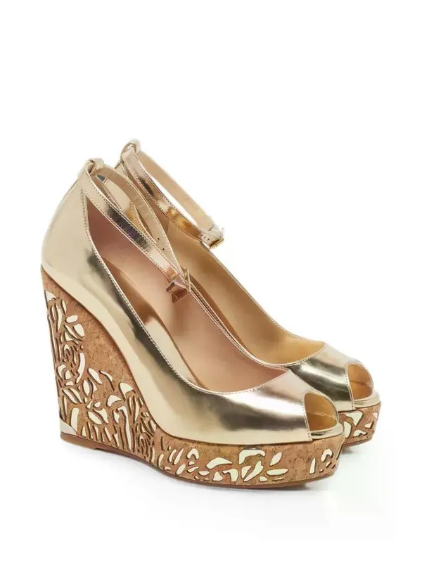 JIMMY CHOO Gold-tone Leather Wedge Sandals