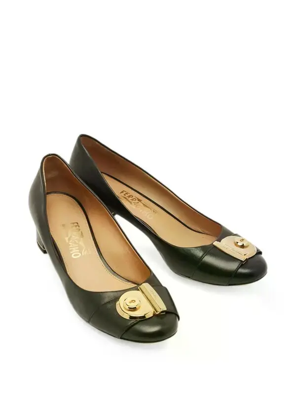 FERRAGAMO Fiamma Leather Block Heel Pumps