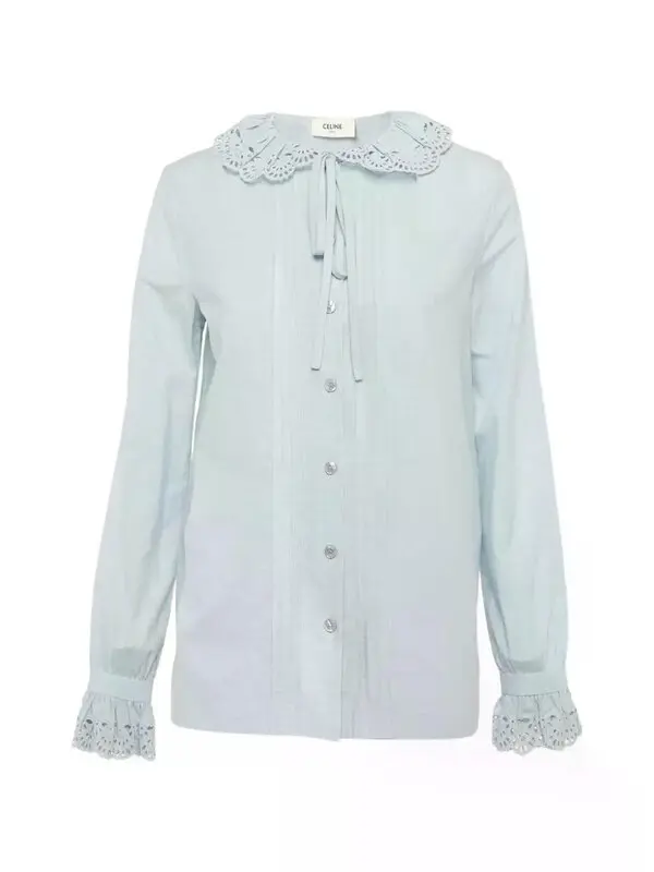 Celine Cotton Embroidered Ruff Collar Blouse - Blue