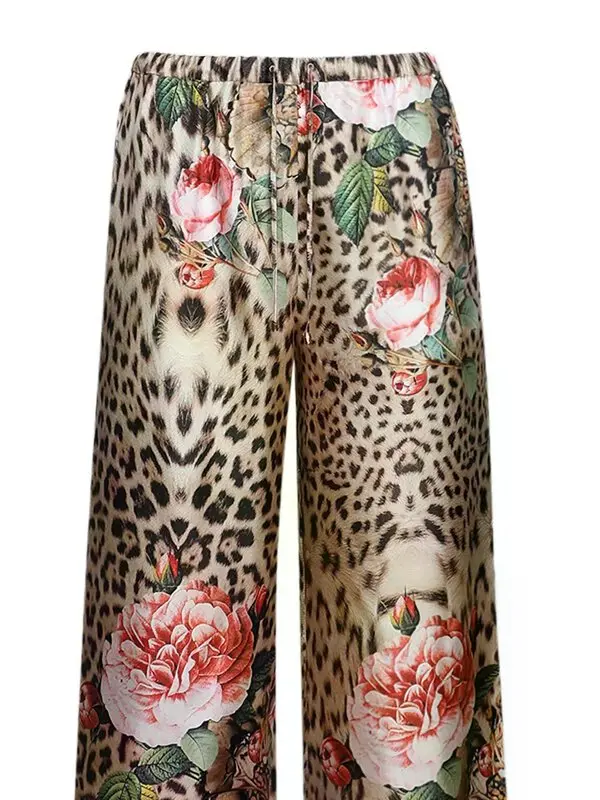 Roberto Cavalli Rose Jaguar-print Silk Trousers - Neutrals