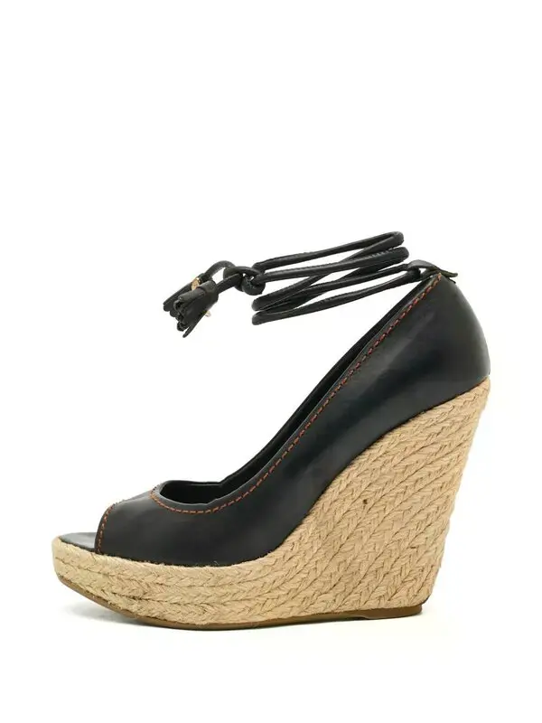 SERGIO ROSSI Leather Peep-toe Ankle-tie Wedge Pumps - Black