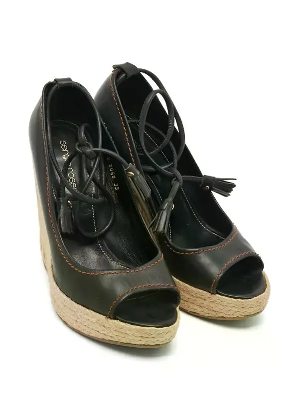 SERGIO ROSSI Leather Peep-toe Ankle-tie Wedge Pumps