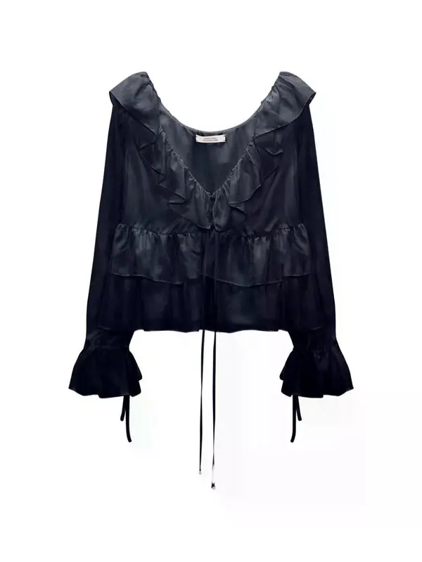 Dorothee Schumacher Black Satin Ruffled Tiered Blouse - Blue