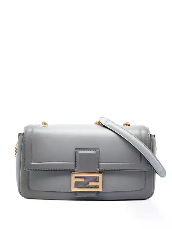 Fendi Leather Baguette Chain Midi Shoulder Bag - Grey