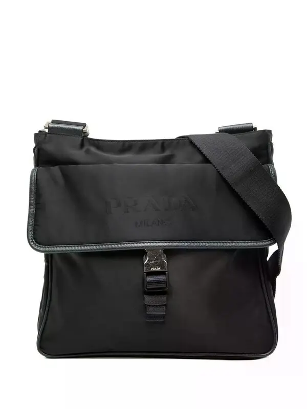 Prada Saffiano Trimmed Tessuto Zip Top Crossbody Bag - Black