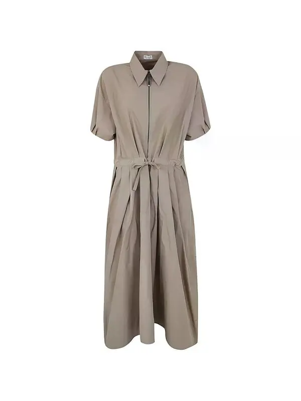 Brunello Cucinelli Beige Midi Dress With Pleated Detailing - Neutrals