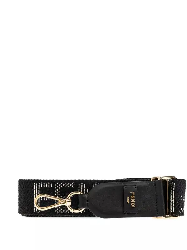 Fendi Logo Jacquard Leather Trim Bag Strap - Black