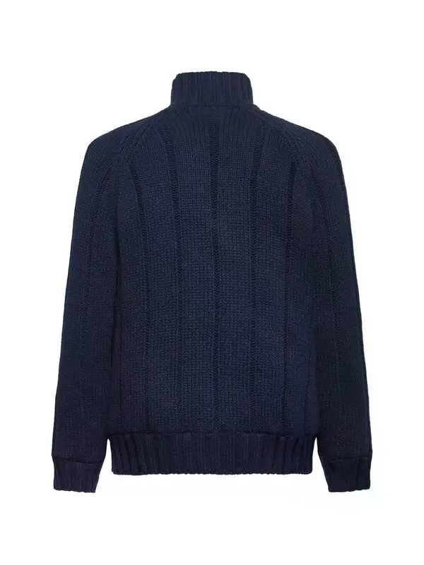 Brunello Cucinelli Indigo Ribbed Knit High Neck Zip-up Jacket