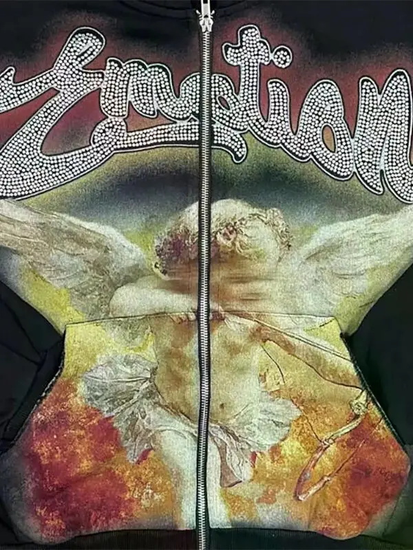 MIXED EMOTION Rhinestone Graphic Zip-up Hoodie