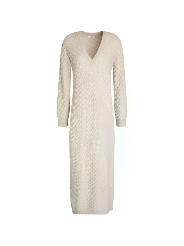 Brunello Cucinelli Cable-knit V-neck Midi Dress - Neutrals