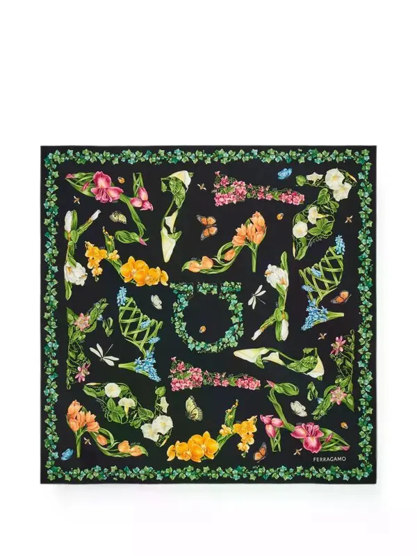 FERRAGAMO Eden Shoes Print Silk Scarf - Black