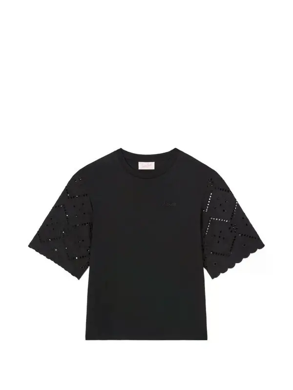 MC2 SAINT BARTH Maise T-shirt With Broderie Anglaise Sleeves - Black