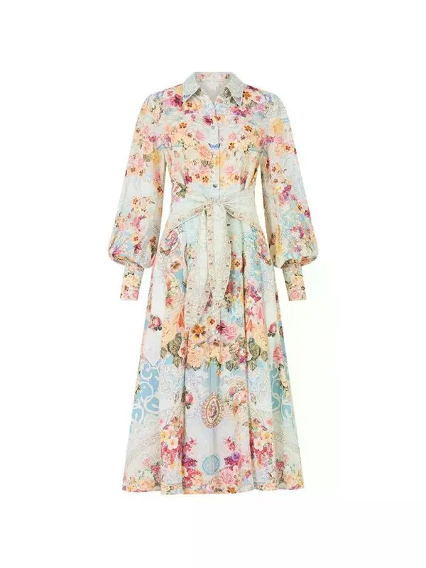 Camilla Floral Print Tie-waist Shirt Dress - Blue