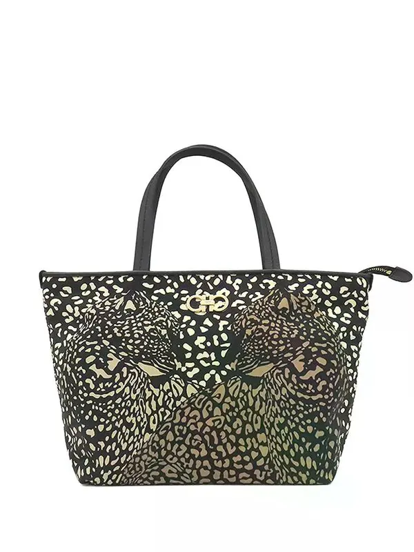 FERRAGAMO Double Gancini Leopard Print Nylon Tote Bag - Black