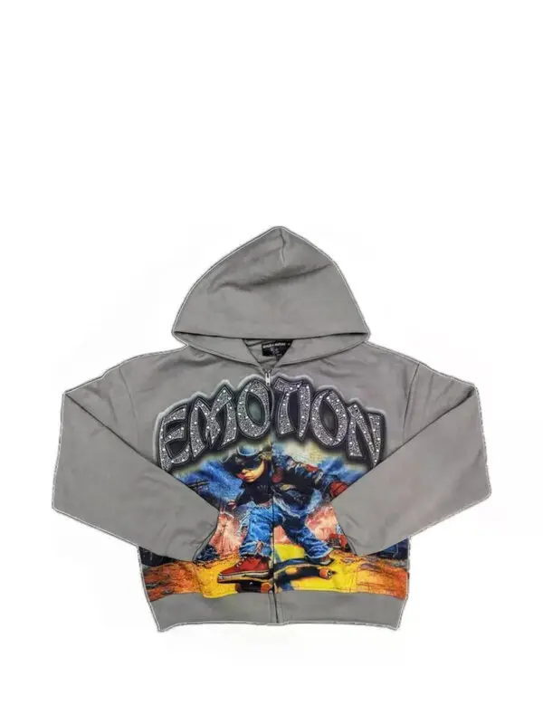 MIXED EMOTION Graphic Print Rhinestone Embellished Hoodie