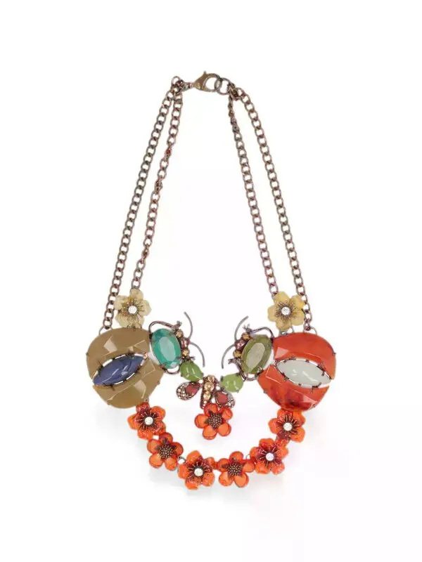 Vintage Floral Embellished Insect Detail Necklace - Brown