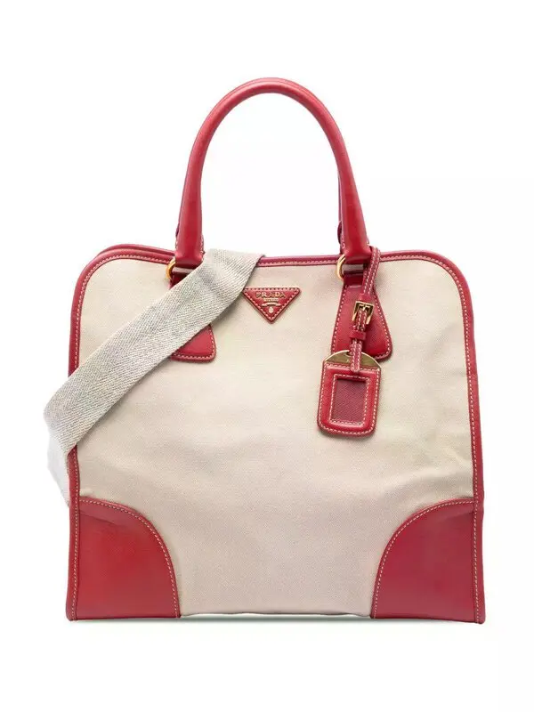 Prada Saffiano Trimmed Canapa Logo Satchel - Neutrals