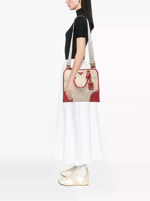 Prada Saffiano Trimmed Canapa Logo Satchel - Neutrals