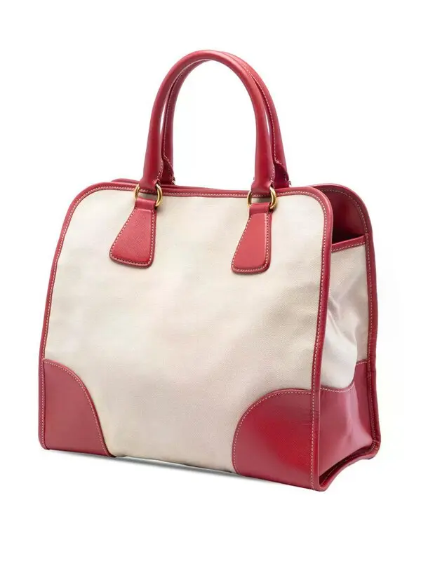 Prada Saffiano Trimmed Canapa Logo Satchel - Neutrals