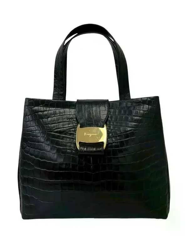 FERRAGAMO Croc Embossed Leather Vara Handbag - Black