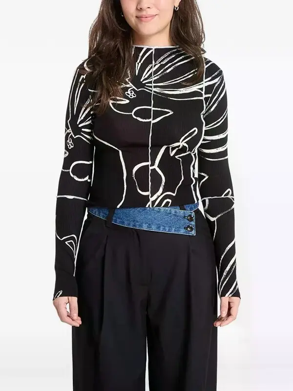 Desigual Floral-print Ribbed High Neck Top - Black