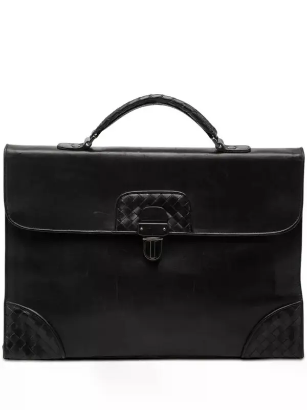 Bottega Veneta Intrecciato Trimmed Leather Business Bag - Black