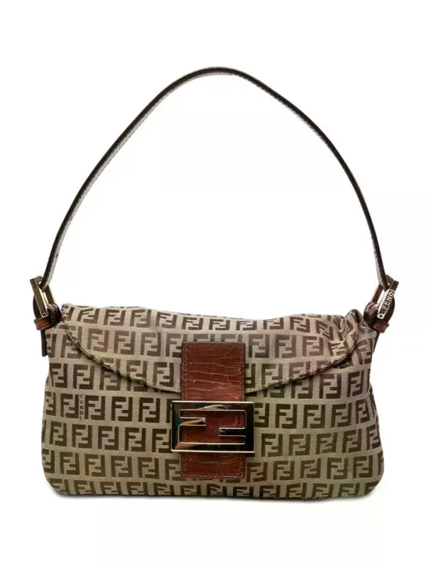 Fendi Zucchino Canvas Double Flap Shoulder Bag - Brown
