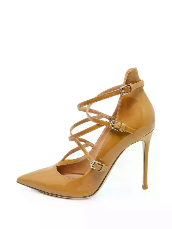 GIANVITO ROSSI Beige Patent Leather Crisscross Ankle Strap Stiletto Pumps - Neutrals