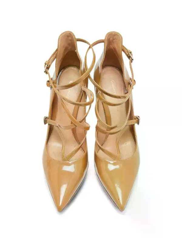 GIANVITO ROSSI Beige Patent Leather Crisscross Ankle Strap Stiletto Pumps