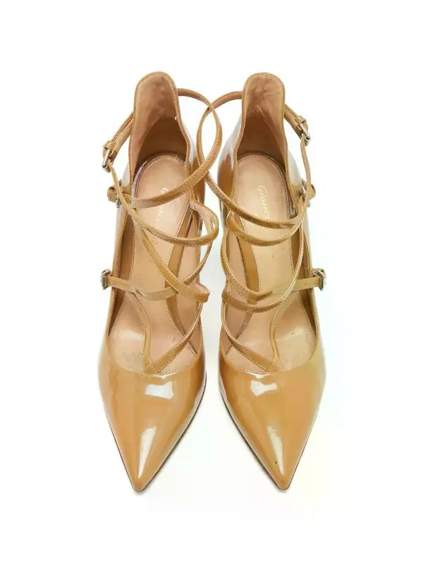 GIANVITO ROSSI Beige Patent Leather Crisscross Ankle Strap Stiletto Pumps