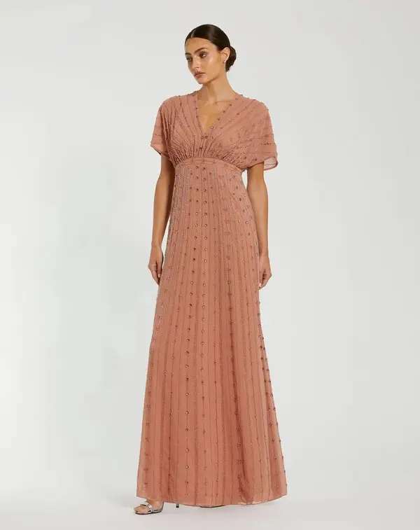Mac Duggal Pink Beaded Short Sleeve V-neck Gown - Cinnamon