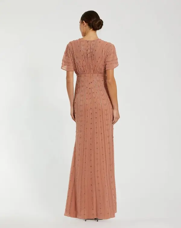 Mac Duggal Pink Beaded Short Sleeve V-neck Gown