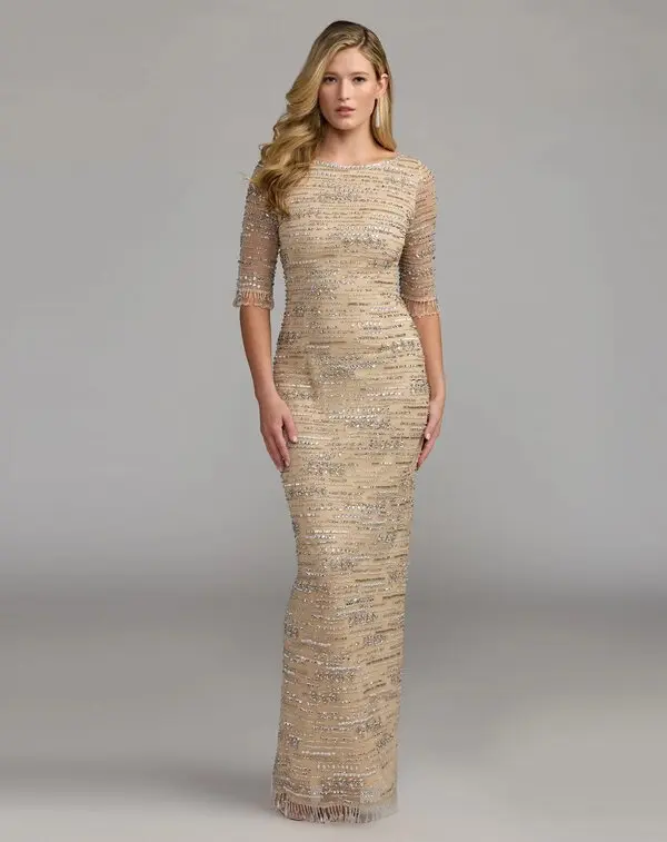 Mac Duggal Beige Beaded Fringe Column Gown - Nude