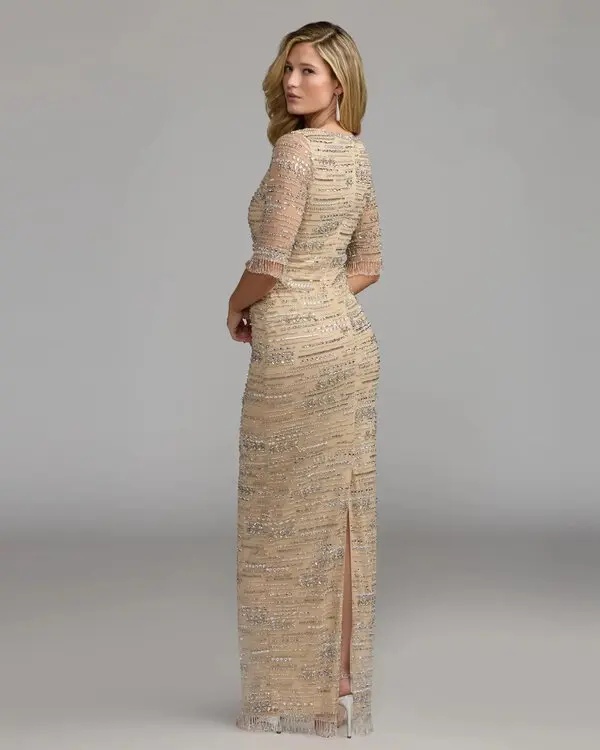 Mac Duggal Beige Beaded Fringe Column Gown