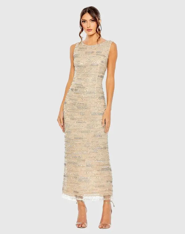 Mac Duggal Sleeveless Embellished Dress With Fringe Hem - Neutral