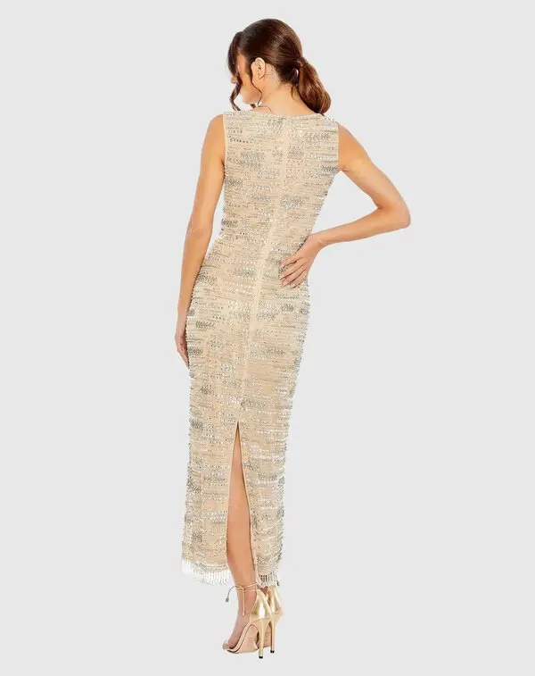 Mac Duggal Sleeveless Embellished Dress With Fringe Hem - Neutral