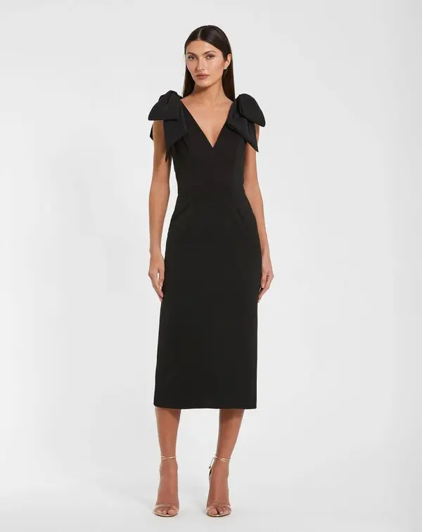 Mac Duggal Petite Bow Strap Crepe Fitted Midi Dress - Black