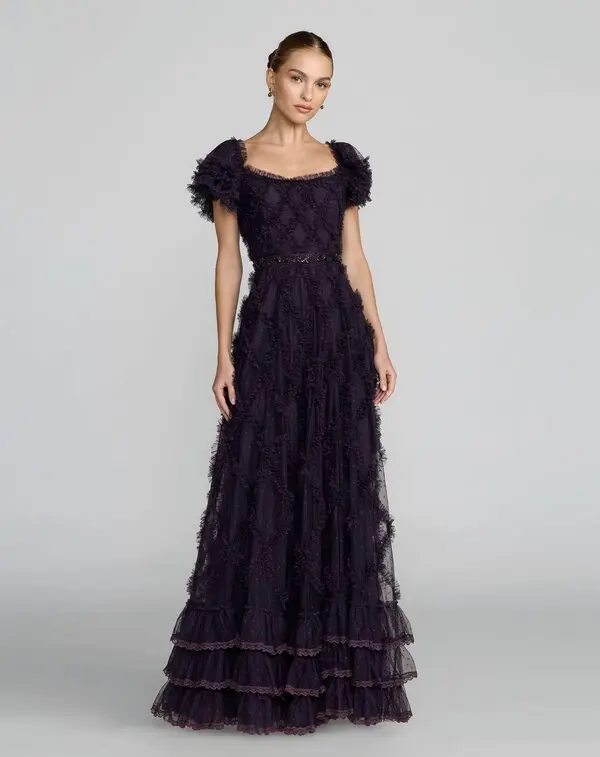 Mac Duggal Navy Tiered Ruffle Puff Sleeve Gown - Midnight
